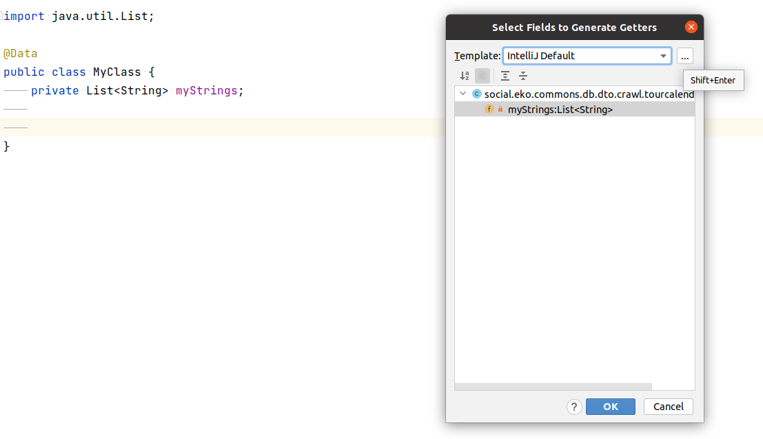 Intellij generate code with getters template.