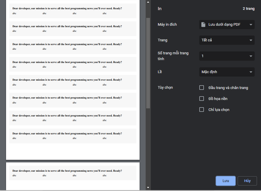 Cách print PDF từ HTML, CSS, JAVASCRIPT