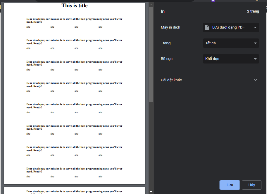 Cách print PDF từ HTML, CSS, JAVASCRIPT