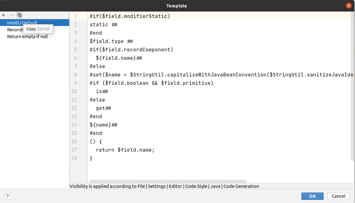 Intellij generate code with getters template.