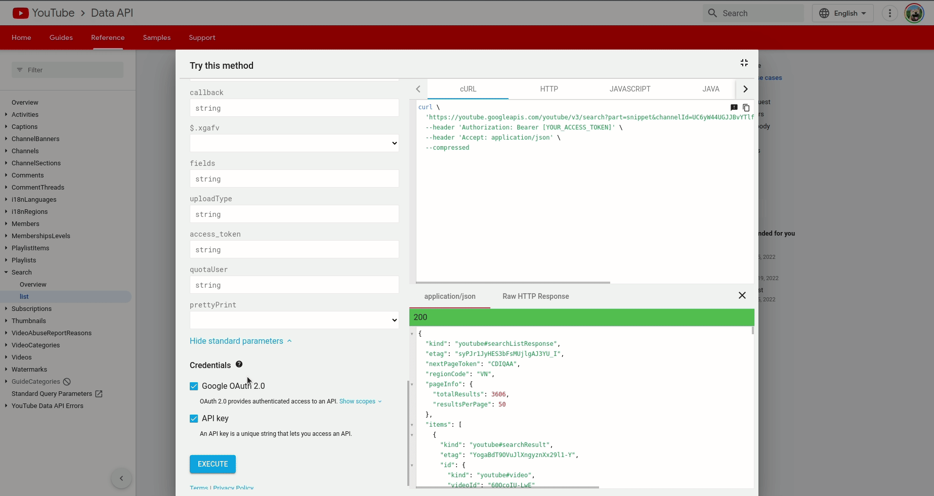 Oauth2 and Youtube channel's videos crawler