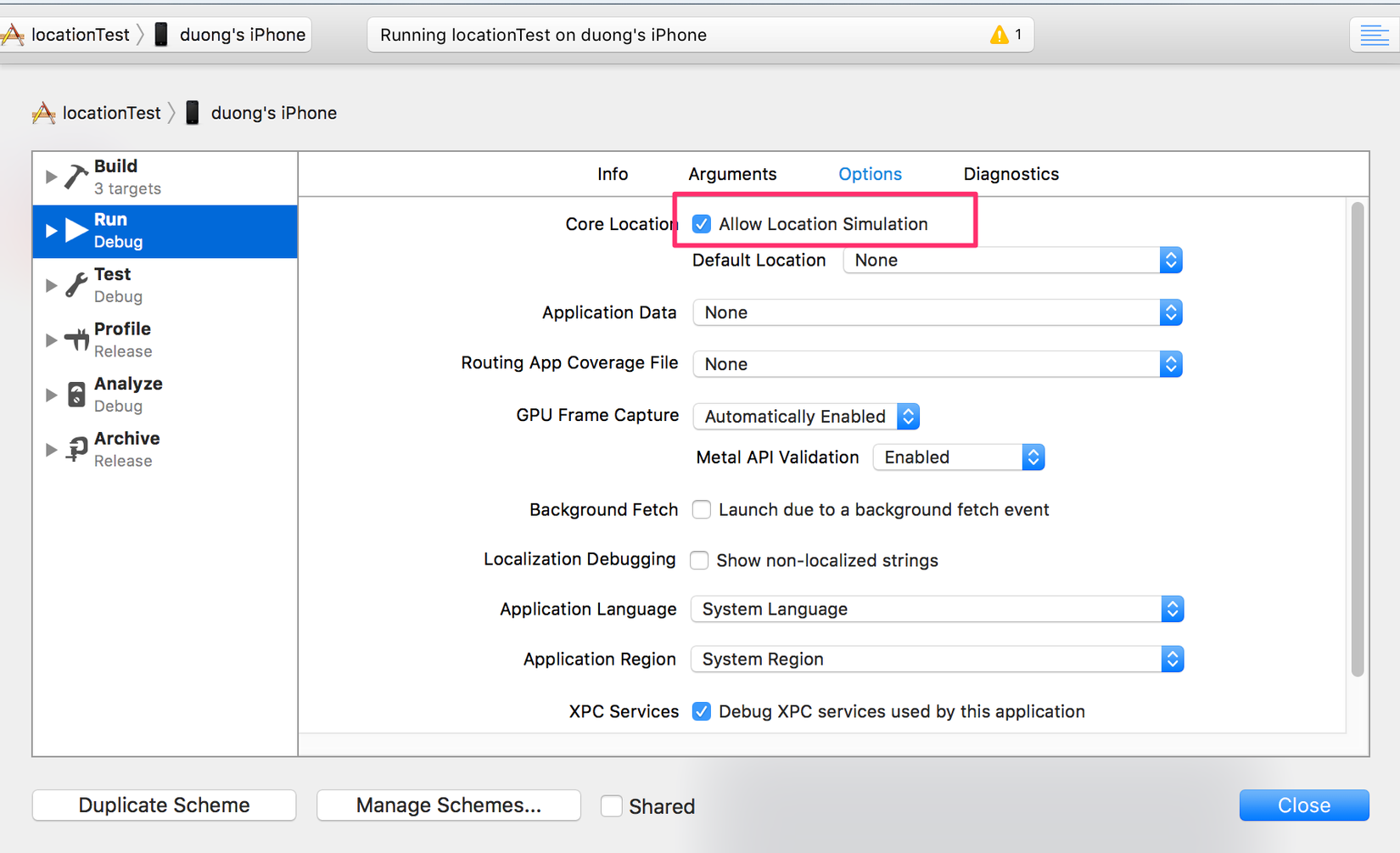 Simulating location with Xcode
