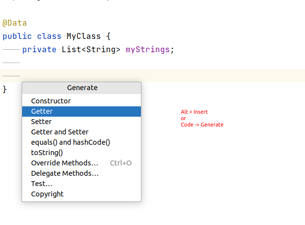 Intellij generate code with getters template.